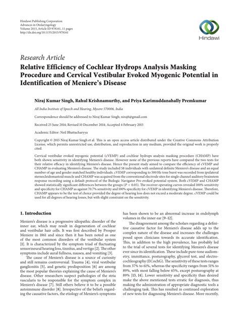 Pdf Relative Efficiency Of Cochlear Hydrops Analysis Masking Procedure And Cervical Vestibular