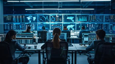 Cybersecurity Team Monitoring Network Traffic In A Modern Command