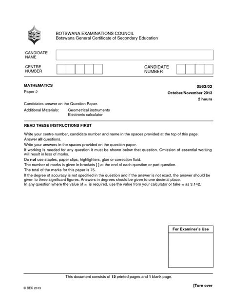 2013 Bgcse Maths 2 Pdf Area Circle