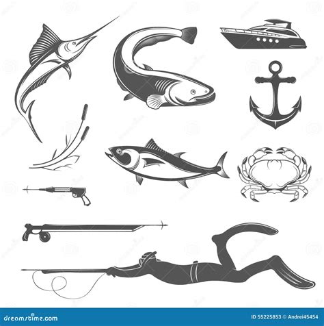 Vector Set Of Icons And Signs Of Equipment For Spearfishing Stock