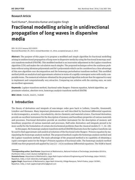 Pdf Fractional Modelling Arising In Unidirectional Propagation Of Long Waves In Dispersive Media