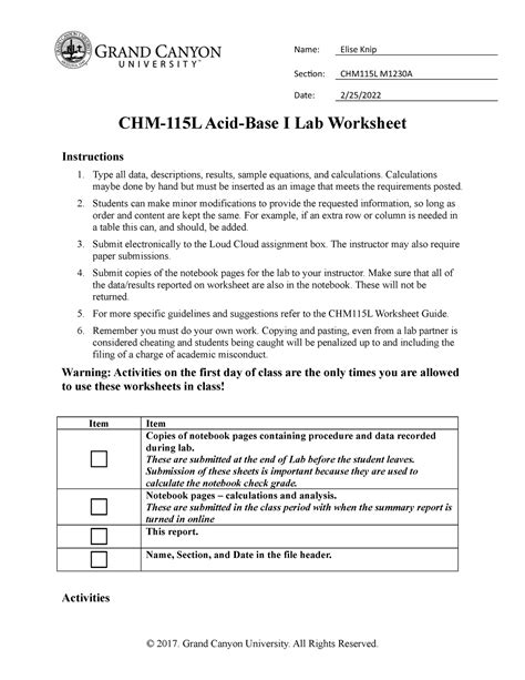Acid Base I Acid Base Lab For Chem 115l Section Chm115l M1230a