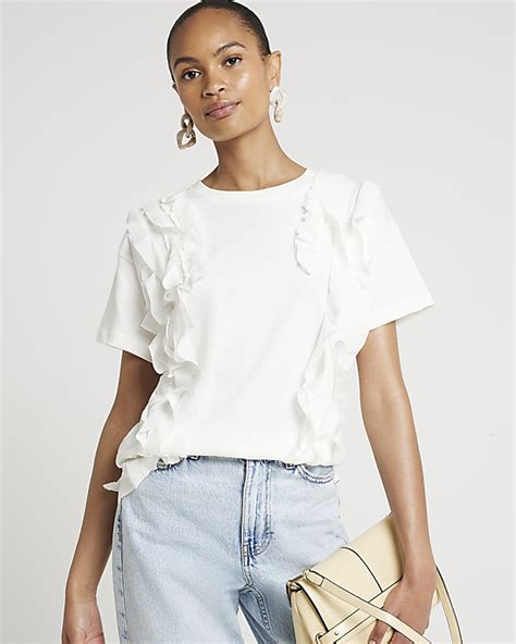 Cream Frill Front T Shirt River Island