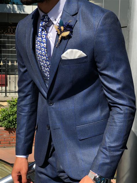 Mcr Shine Navy Slim Fit Plaid Suit Mcr Tailor