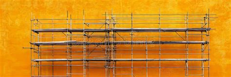 Scaffolding Structure Against Vibrant Yellow Wall Construction Site Industrial Background