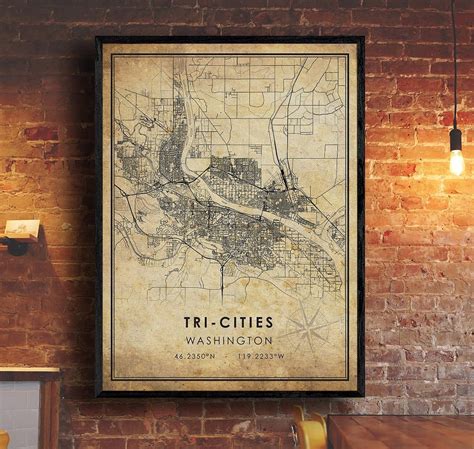 Tri Cities Vintage Map Print Tri Cities Map Washington Map Art Tri Cities City Road Map