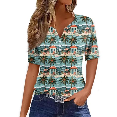 Dengdeng Womens Hawaiian Shirts And Blouses Tropical Print Flowy Summer