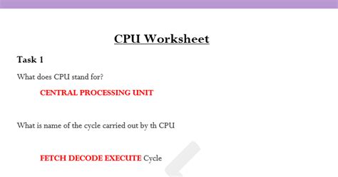 Answer CPU Worksheet Teaching Resources