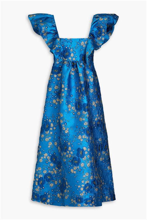Ganni Gathered Metallic Cloqué Midi Dress In Blue Endource
