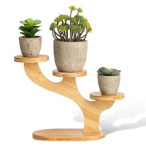 Bamboo Plant Stand 3 Tier Plant Stand With 3 White Ceramic Pots Narrow