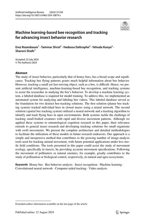 Pdf Machine Learning Based Bee Recognition And Tracking For Advancing Insect Behavior Research
