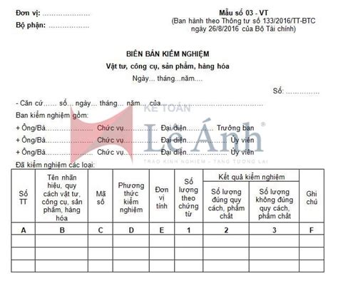 Bản kiểm nghiệm Vật tư công cụ sản phẩm hàng hóa theo thông tư 133