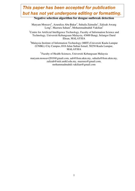 Pdf Negative Selection Algorithm For Dengue Outbreak Detection