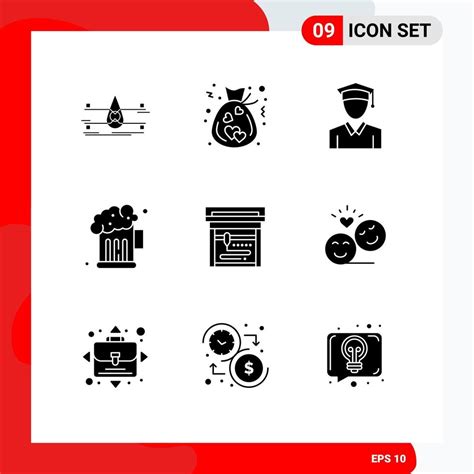 User Interface Pack Of 9 Basic Solid Glyphs Of Couple Machine Love Party Beer Editable Vector