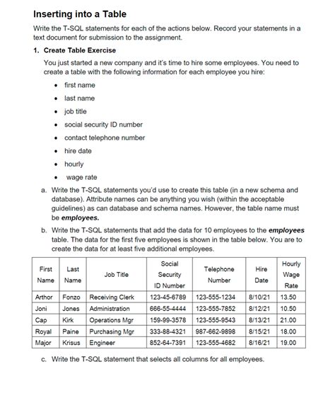 Solved Inserting Into A Table Write The T Sql Statements For