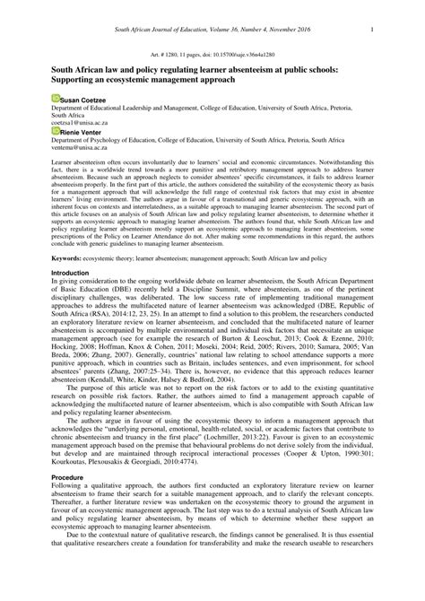 PDF South African Law And Policy Regulating Learner Absenteeism At
