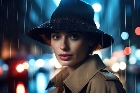 Premium Ai Image Woman Detective In Hat And Coat On Night Street In