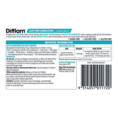 Difflam Anti Inflammatory Antibacterial Dual Action Honey Lemon Lozenges Difflam