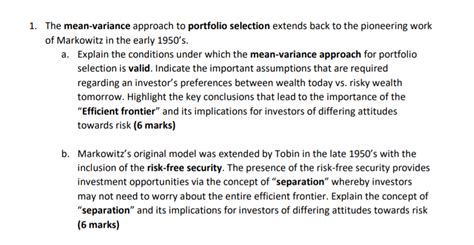 1 The Mean Variance Approach To Portfolio Selection