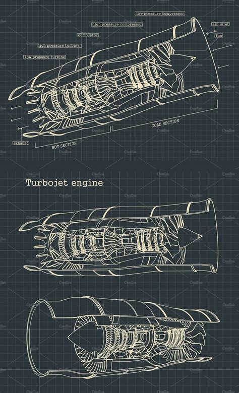 Turbojet Engine Blueprints Mini Set By Blacklight On Creativemarket In 2025 Turbojet Engine