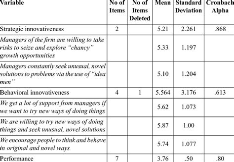Descriptive Statistics And Reliability For Strategic Innovativeness