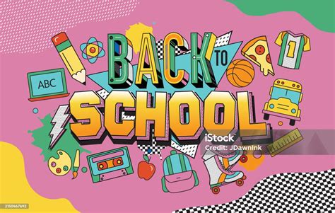 3d 텍스트와 교육 및 재미있는 아이콘이 있는 학교 Y2k 복고풍 90년대 스타일 배너 템플릿 디자인 복고풍에 대한 스톡 벡터