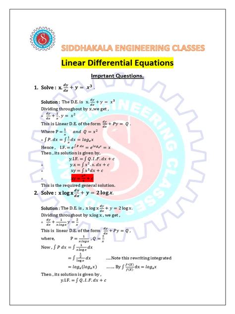 Linear Differential Equation With Solution Pdf Algebra Mathematical Physics