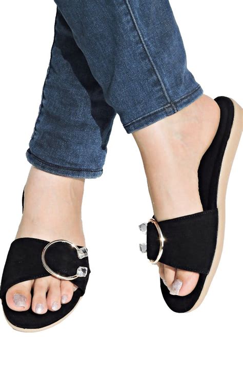 Get Crystal Embellished Suede Slides At 699 LBB Shop