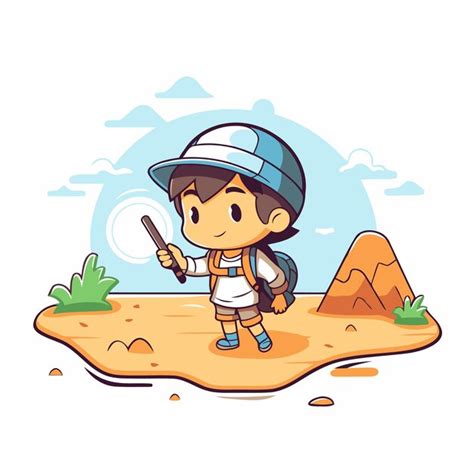 Lindo niño explorador con mochila y brújula Ilustración vectorial