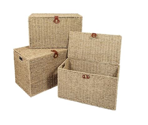 Seagrass Lidded Trunk Toy Box Chest Storage Basket With Lock Linen