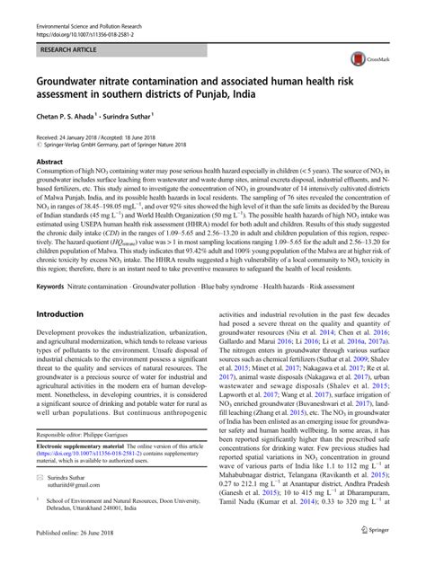Pdf Groundwater Nitrate Contamination And Associated Human Health Risk Assessment In Southern