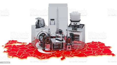 터키지도에 부엌과 가전 제품 생산 쇼핑 및 배달 개념 흰색 배경에서 격리된 3d 렌더링 3차원 형태에 대한 스톡 사진 및 기타