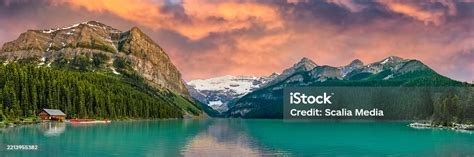 Sunset At Iconic And Stunning Lake Louise In Banff Jasper National Park