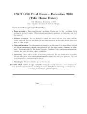 Final Pdf CSCI 1450 Final Exam December 2020 Take Home Exam Out Thursday December 3 2020