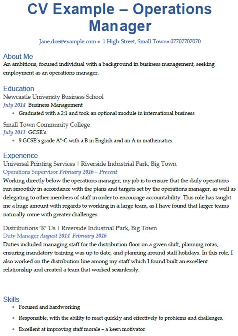 Operations Manager Cv Example Uk
