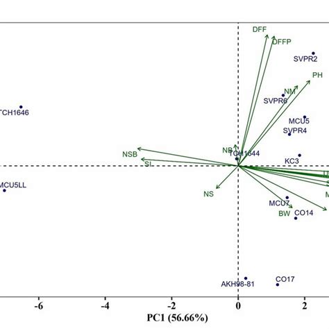 Biplot Between Pc 1 And Pc 2 Showing Contribution Of Various Traits In