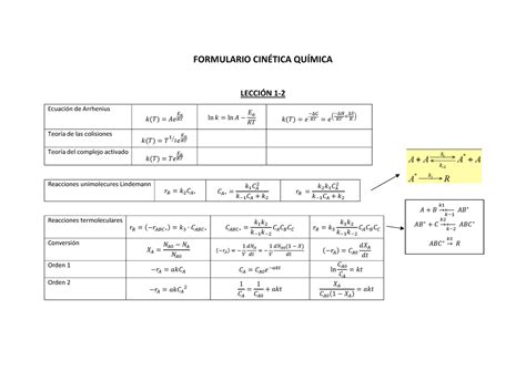 Formulario Cinética Parciales FORMULARIO CINÉTICA QUÍMICA LECCIÓN 1