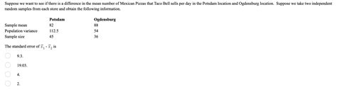 Solved The standard error of xˉ1xˉ2 is 9 3 19 03 4 2 Chegg