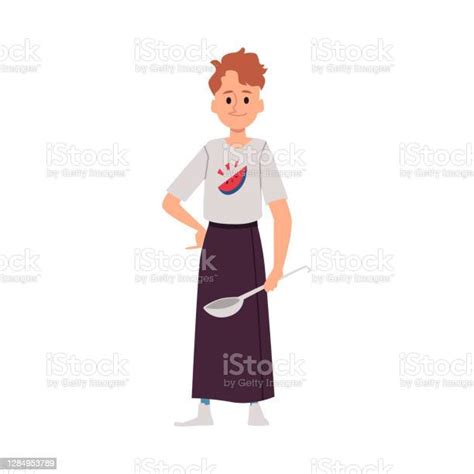 그의 손에 국자를 가진 앞치마에 남성 요리사 벡터 고립 된 그림 공연에 대한 스톡 벡터 아트 및 기타 이미지 공연 국자 그릇 Istock