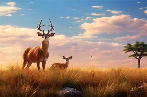 Premium Photo A Monkey And Field A Deer Under The Tree On Grassland