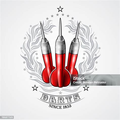 실버 월계수 화환의 중심에 세 개의 빨간 다트 모든 다트 게임 또는 챔피언십스포츠 라벨 가능성에 대한 스톡 벡터 아트 및 기타