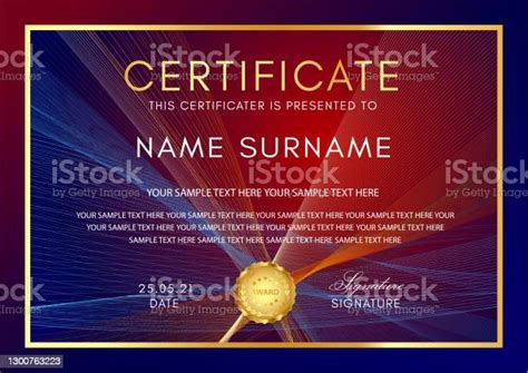 기요체 패턴 프레임 테두리 및 금메달이 있는 인증서 템플릿 파란색과 빨간색 배경 증명서에 대한 스톡 벡터 아트 및 기타 이미지 증명서 길로쉐 완성 Istock