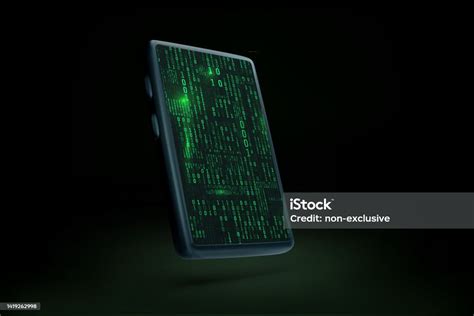 화면에 매트릭스 스타일의 바이너리 데이터 스트림이있는 3d 휴대 전화 추상 공상 과학 미래 지향적 인 전화 벽지 모의 3차원 형태에 대한 스톡 벡터 아트 및 기타 이미지