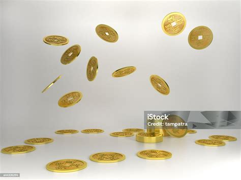 Vetores De Moedas De Cobre Chinesas Renderização 3d No Fundo Branco E