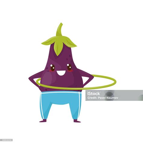 훌라 후프 좋아하는 야채 만화 캐릭터는 흰색 바탕에 피트 니스 운동 벡터 일러스트 레이 션을 하 고 회전 하는 재미 있는 가지