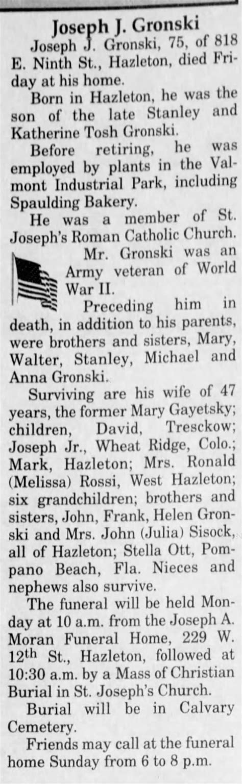 Obituary For Joseph J Gronski Aged 75 ™