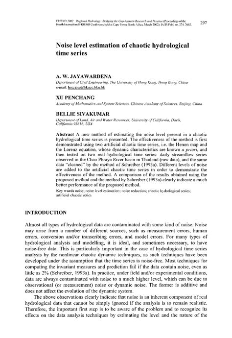 PDF Noise Level Estimation Of Chaotic Hydrological Time Series