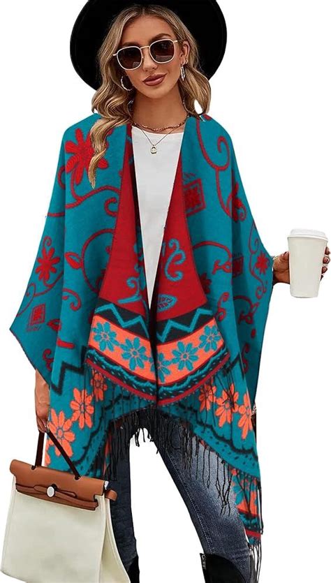 Moss Rose Womens Printed Tassel Open Front Poncho Cape Wrap Shawl 2024