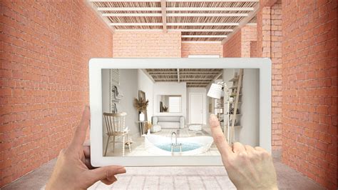 증강 현실 개념 실내 건설 현장에서 가구 및 디자인 제품을 시뮬레이션하는 데 사용되는 Ar 응용 프로그램과 핸드 홀딩 태블릿