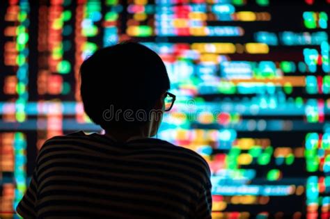 Person Analyzing Colorful Data On Large Screen In Dark Room Stock Illustration Illustration Of